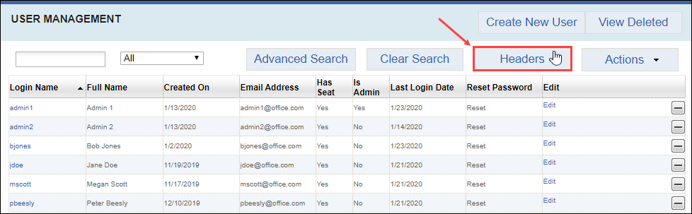 Displaying User Table Headers